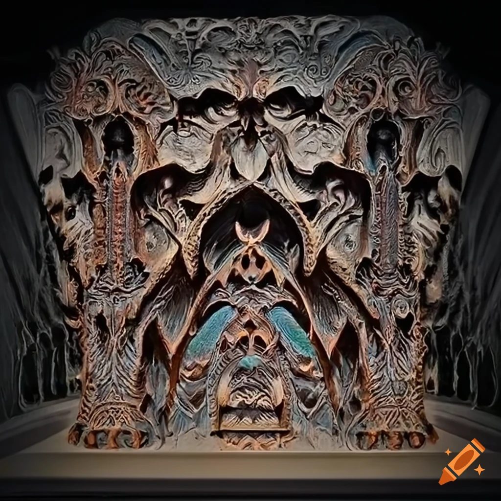 Digital artwork of prismatic waves and architectural stave carving style