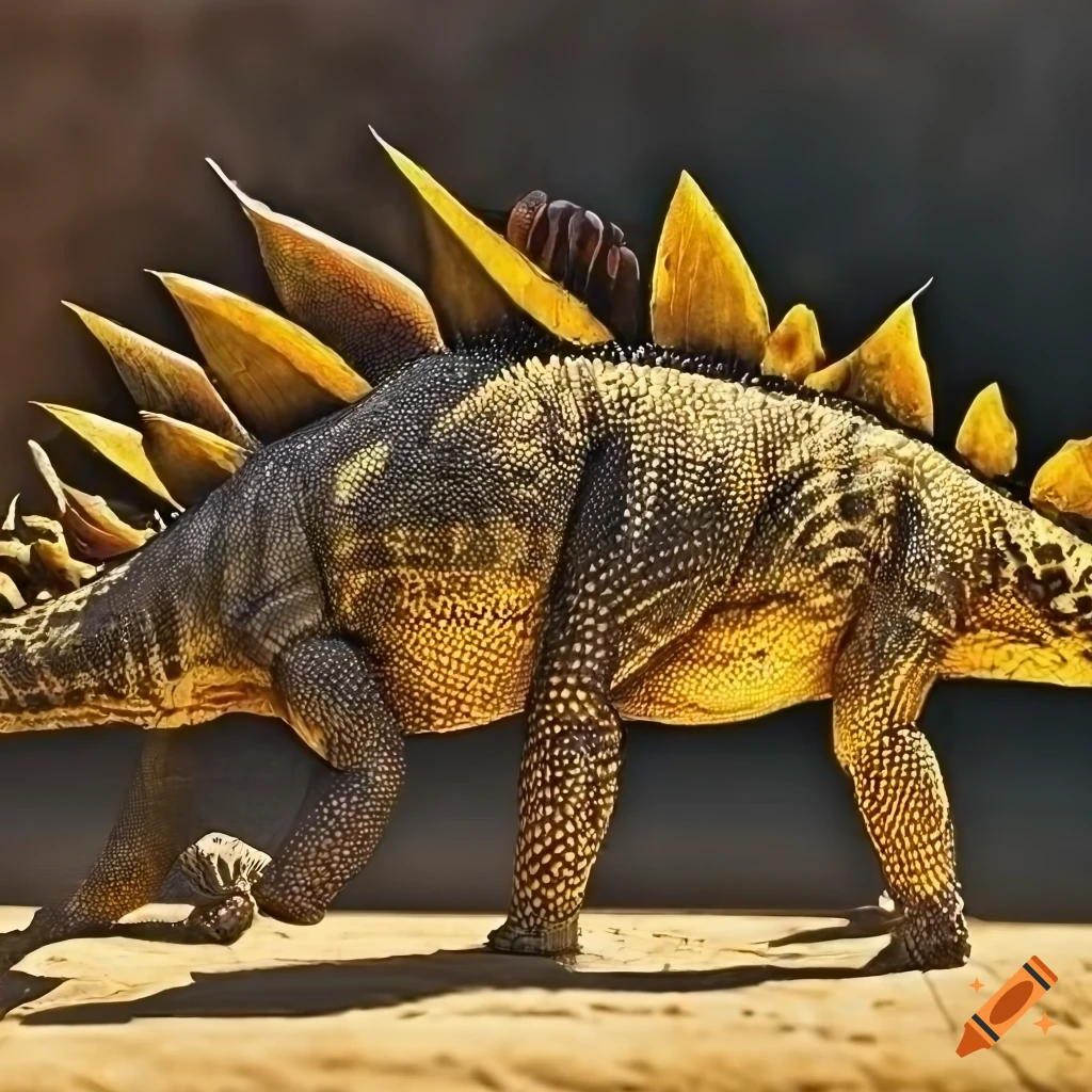 Detailed image of a colorful stegosaurus in warm morning light on Craiyon