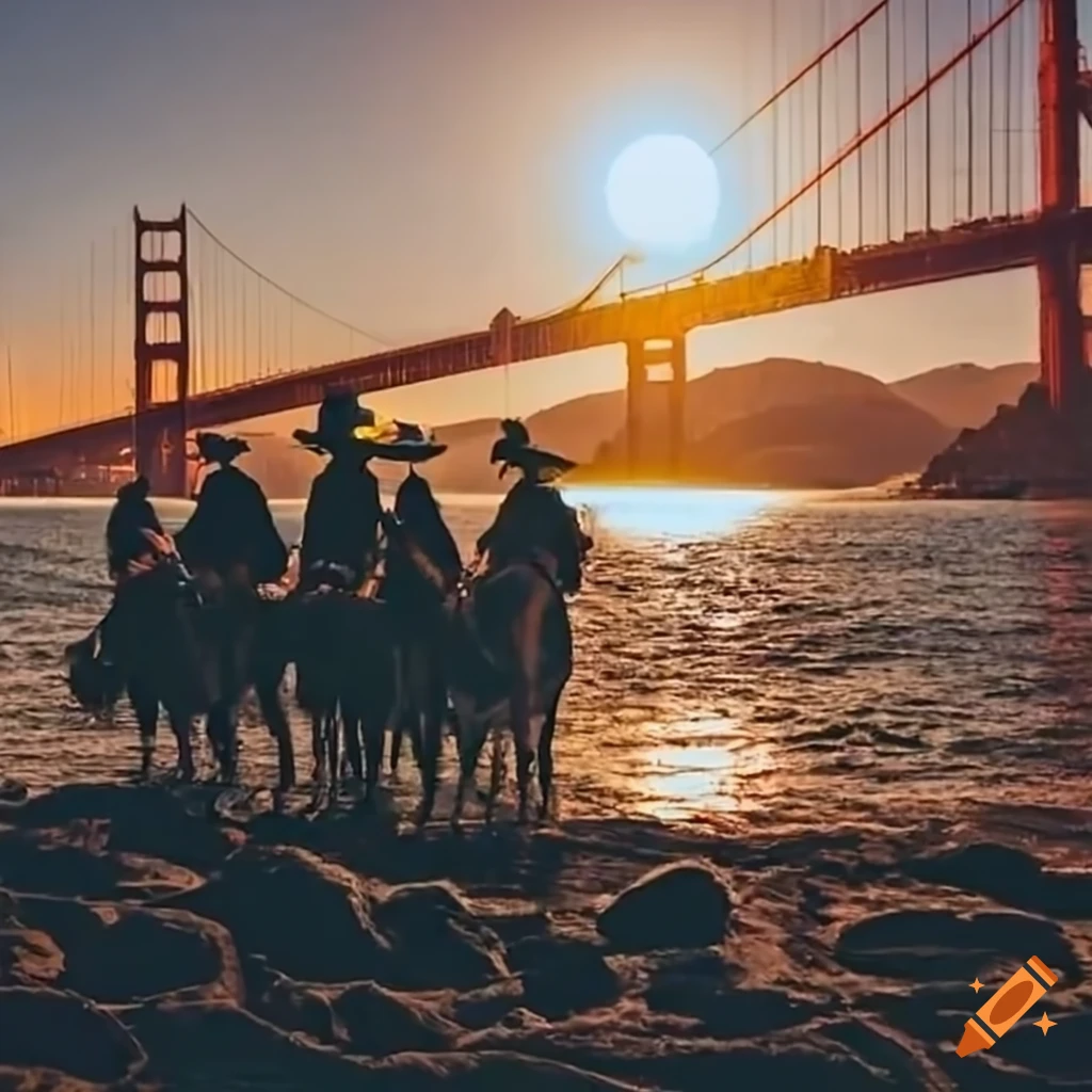 Cowboys posing in front of the golden gate bridge on Craiyon