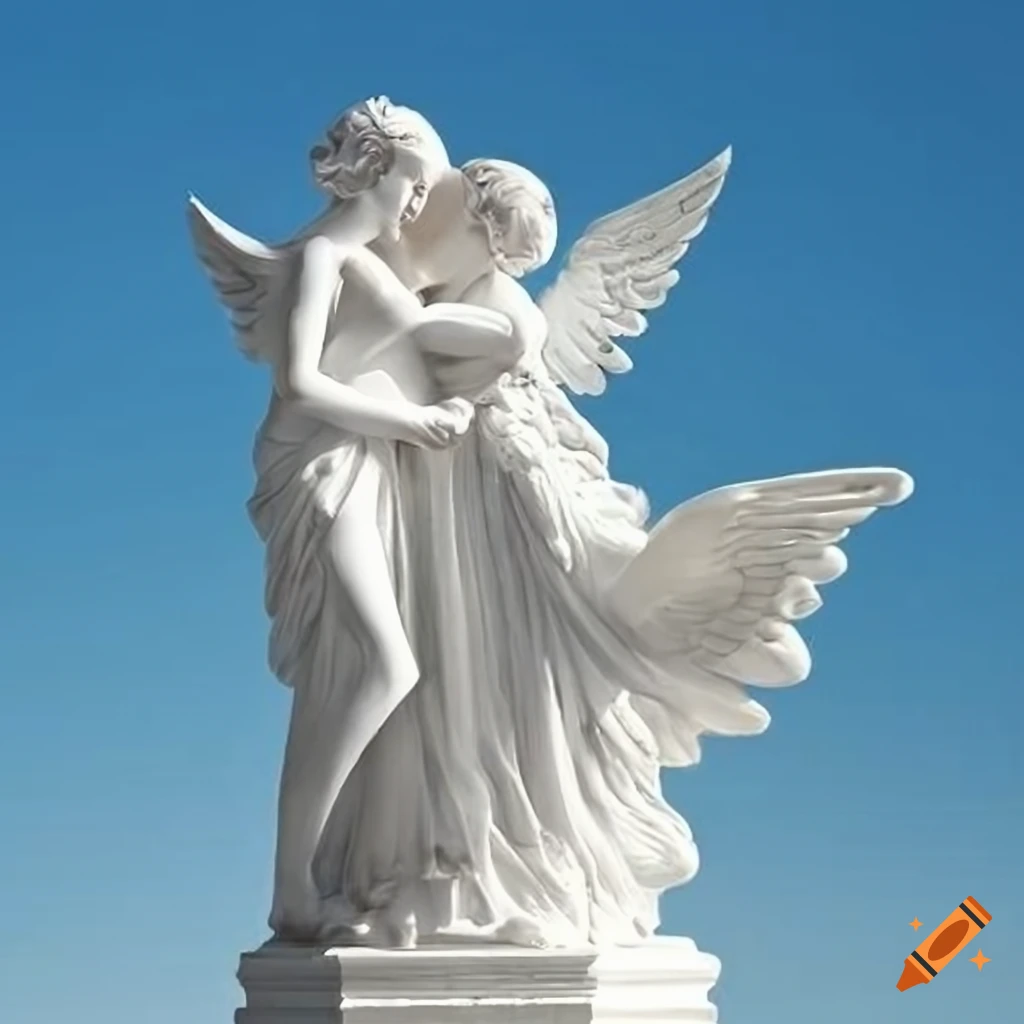 Realistic plaster angels hugging on podium sculpture on Craiyon