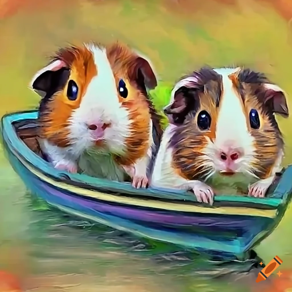 Guinea pigs in a boat on a river on Craiyon