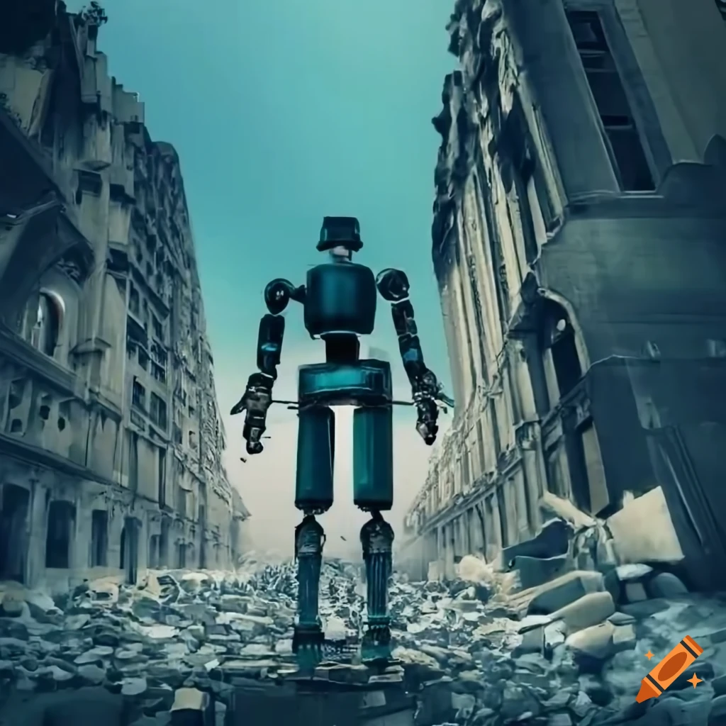 Robot exploring post-apocalyptic city ruins on Craiyon