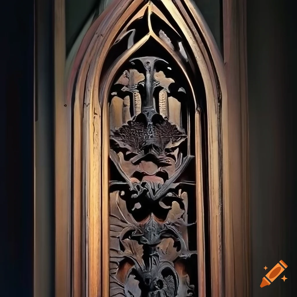 Detailed metal sculpture with architectural stave carving
