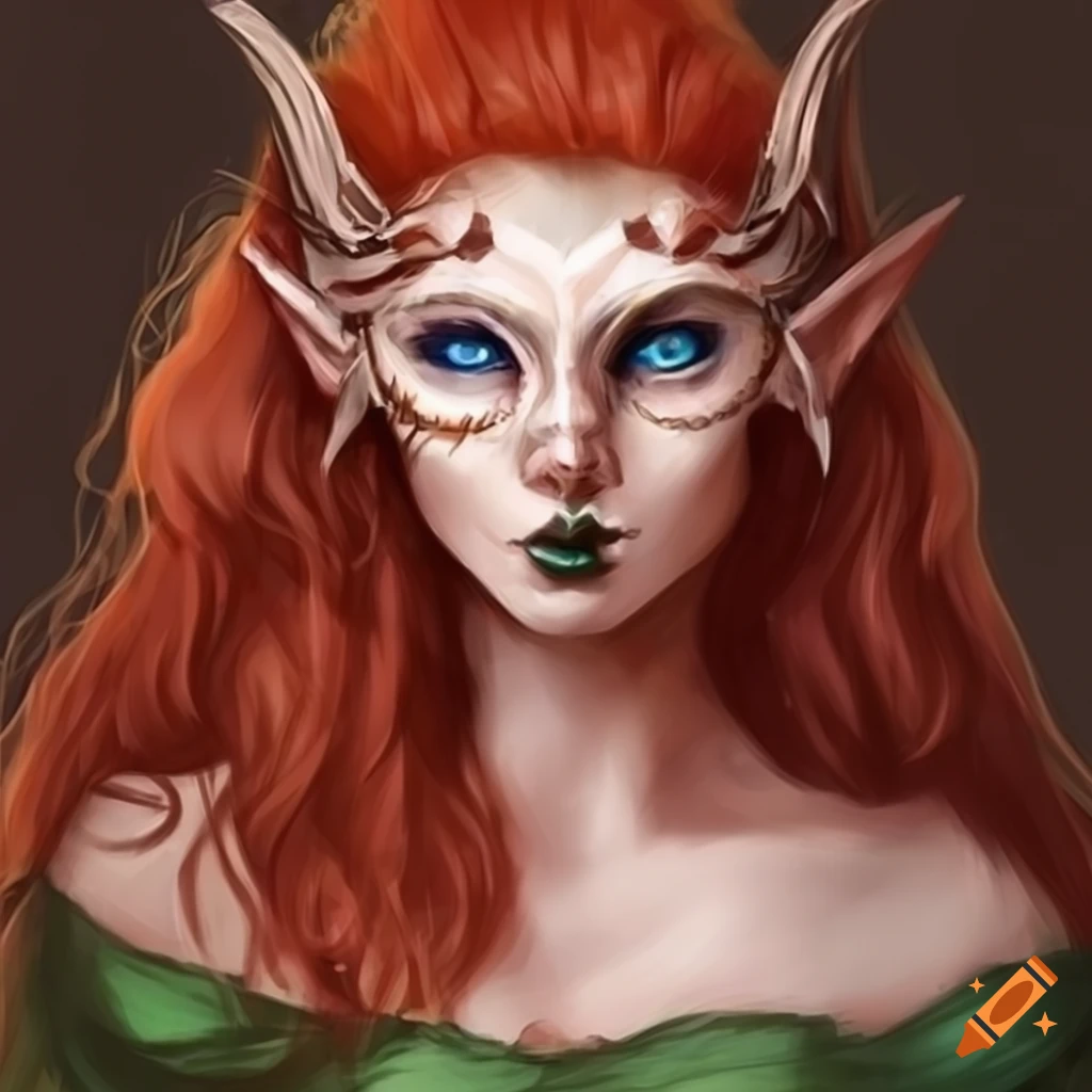 Illustration of a red-haired female half-elf druid with an owl masquerade mask on Craiyon
