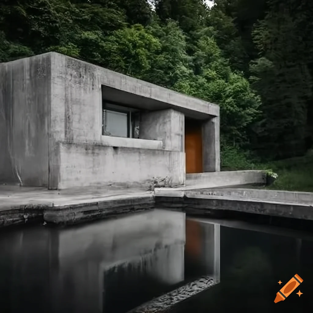 Brutalist house near a waterfall on Craiyon