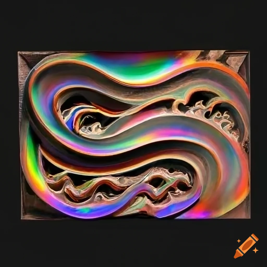 Digital artwork of prismatic waves and architectural stave carving style