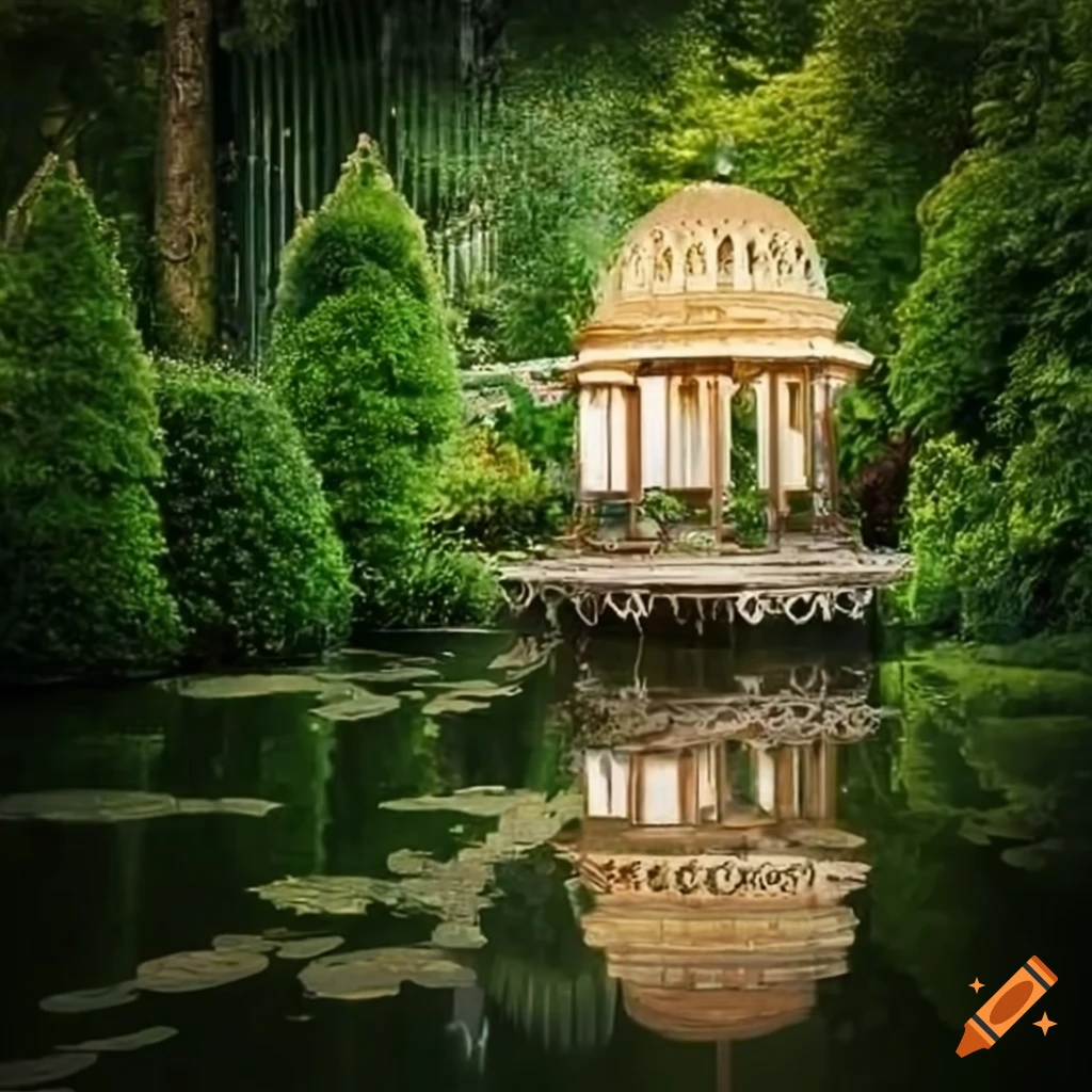 Islamic art on a rococo balcony in a garden on Craiyon