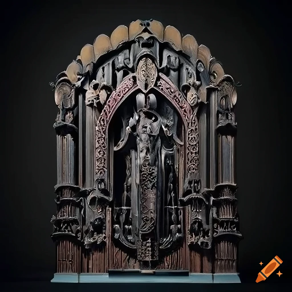 Detailed metal sculpture with architectural stave carving