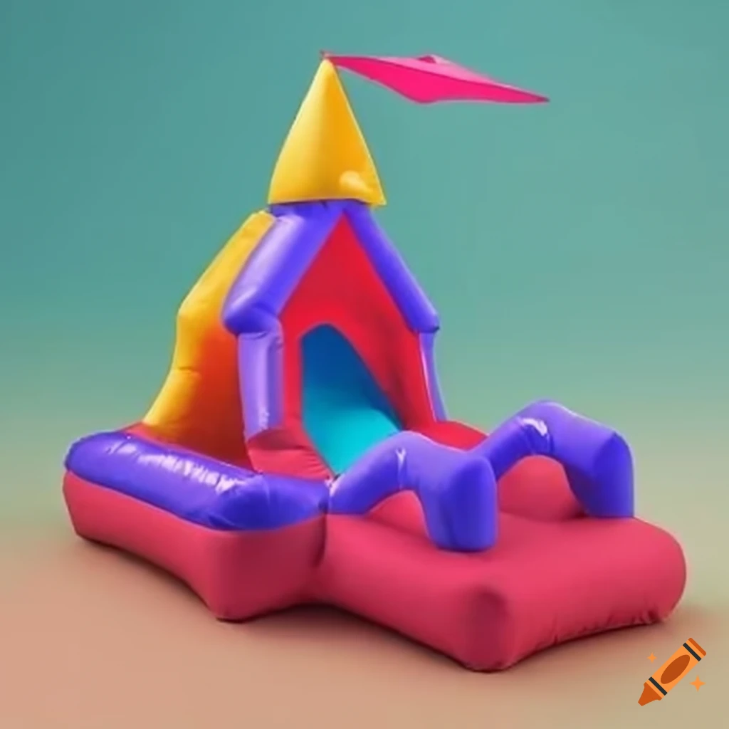An inflatable bounce house with cloth patches on Craiyon