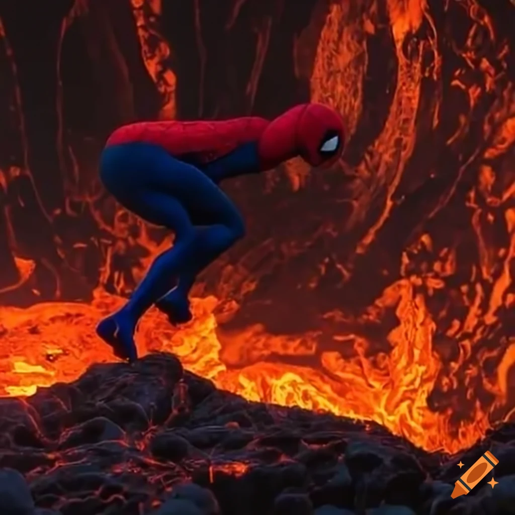 Spiderman swinging over a lava-spewing volcano on Craiyon