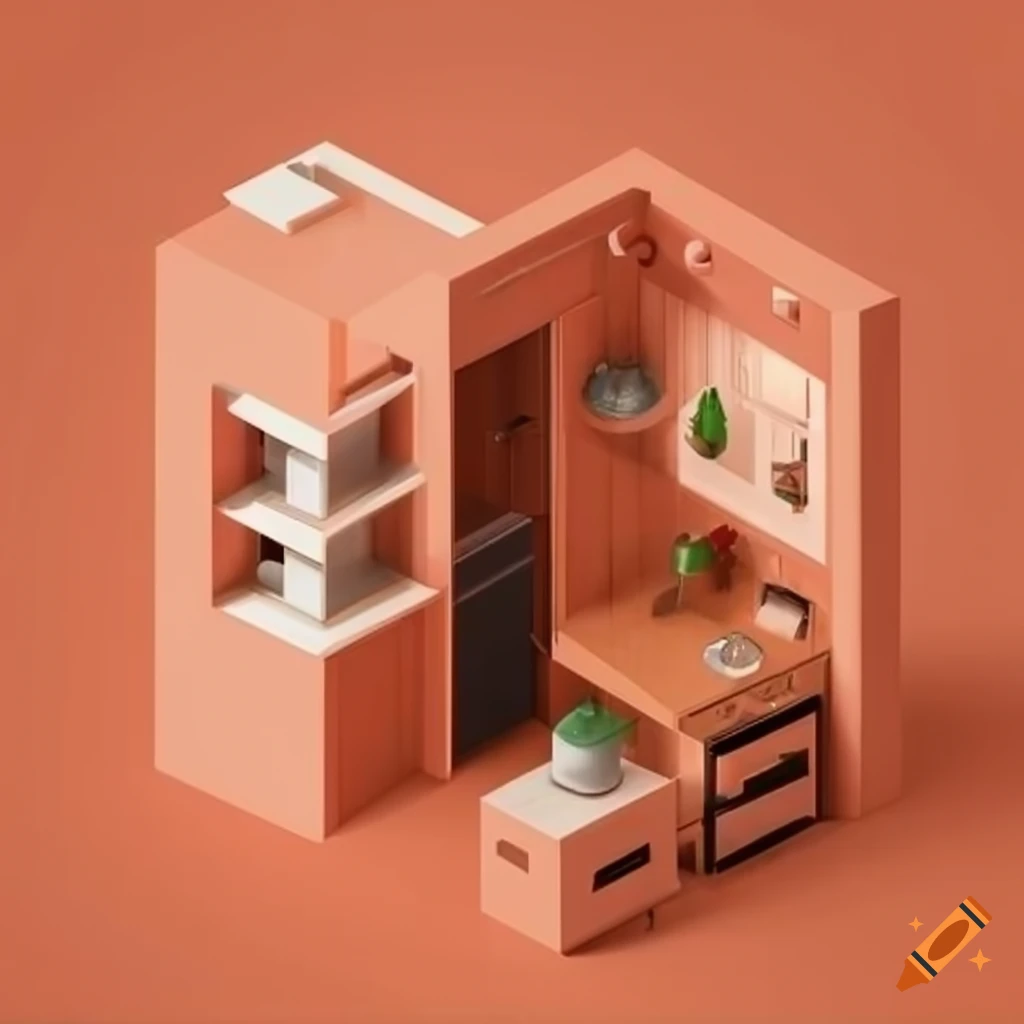 Cozy peach isometric room with kitchen and stairs on Craiyon