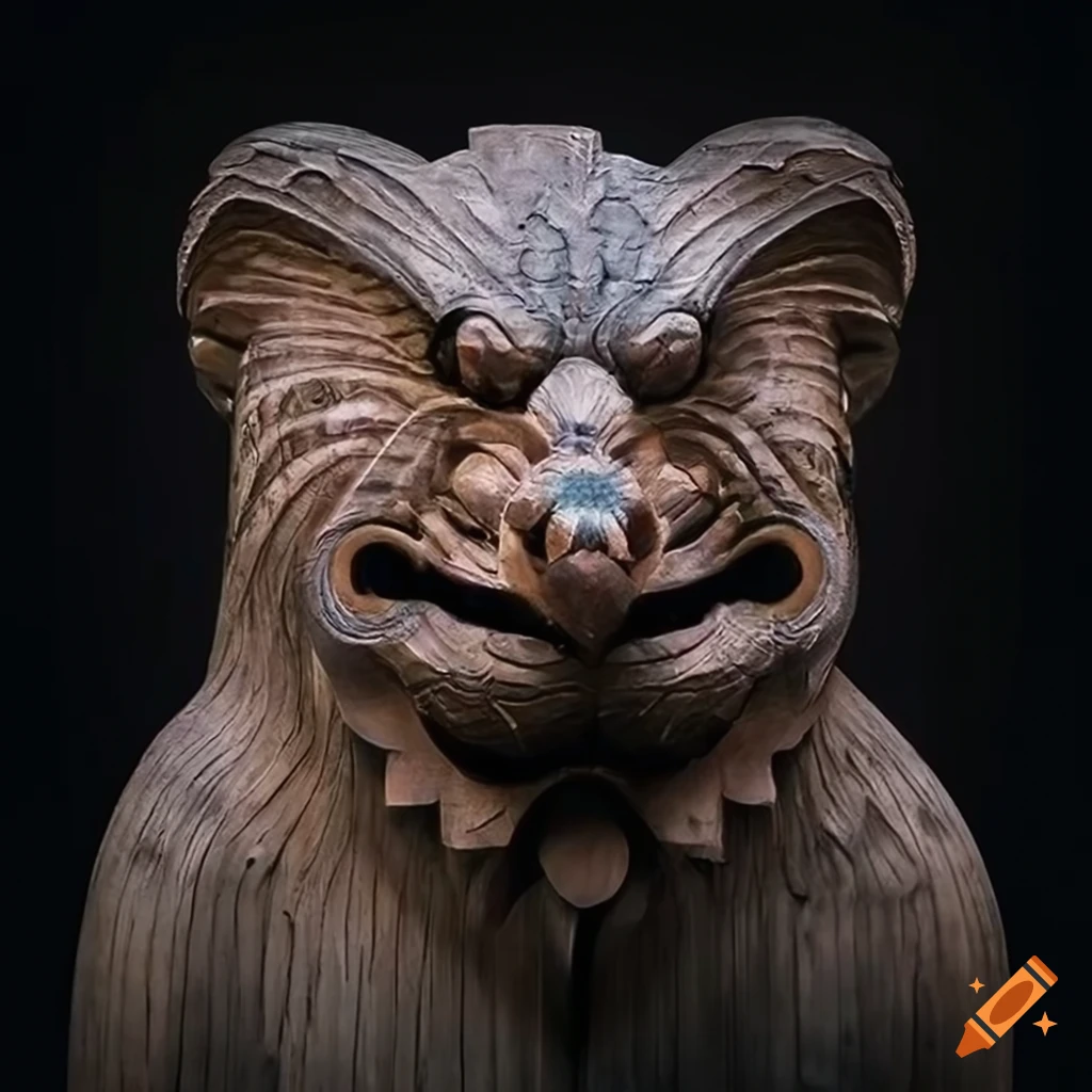 Detailed carving artwork of a moth werewolf motif on Craiyon