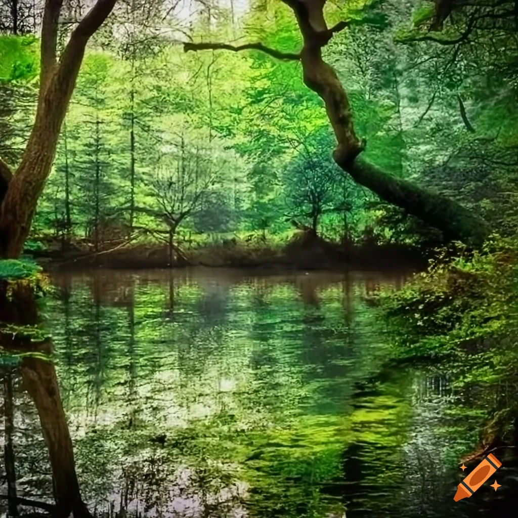 Picture of a peaceful forest glade with a hidden pond on Craiyon