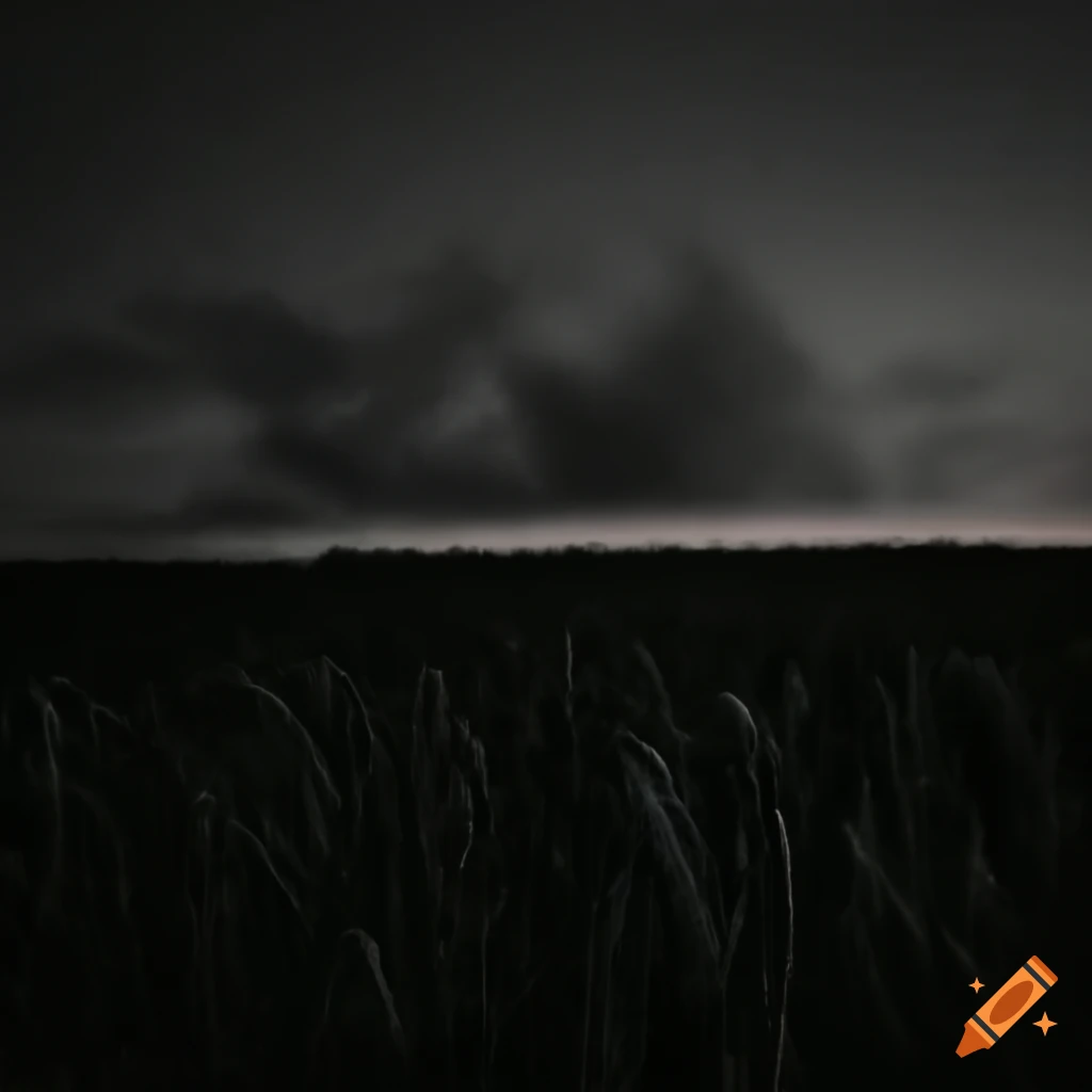 Photo of a spooky cornfield at night