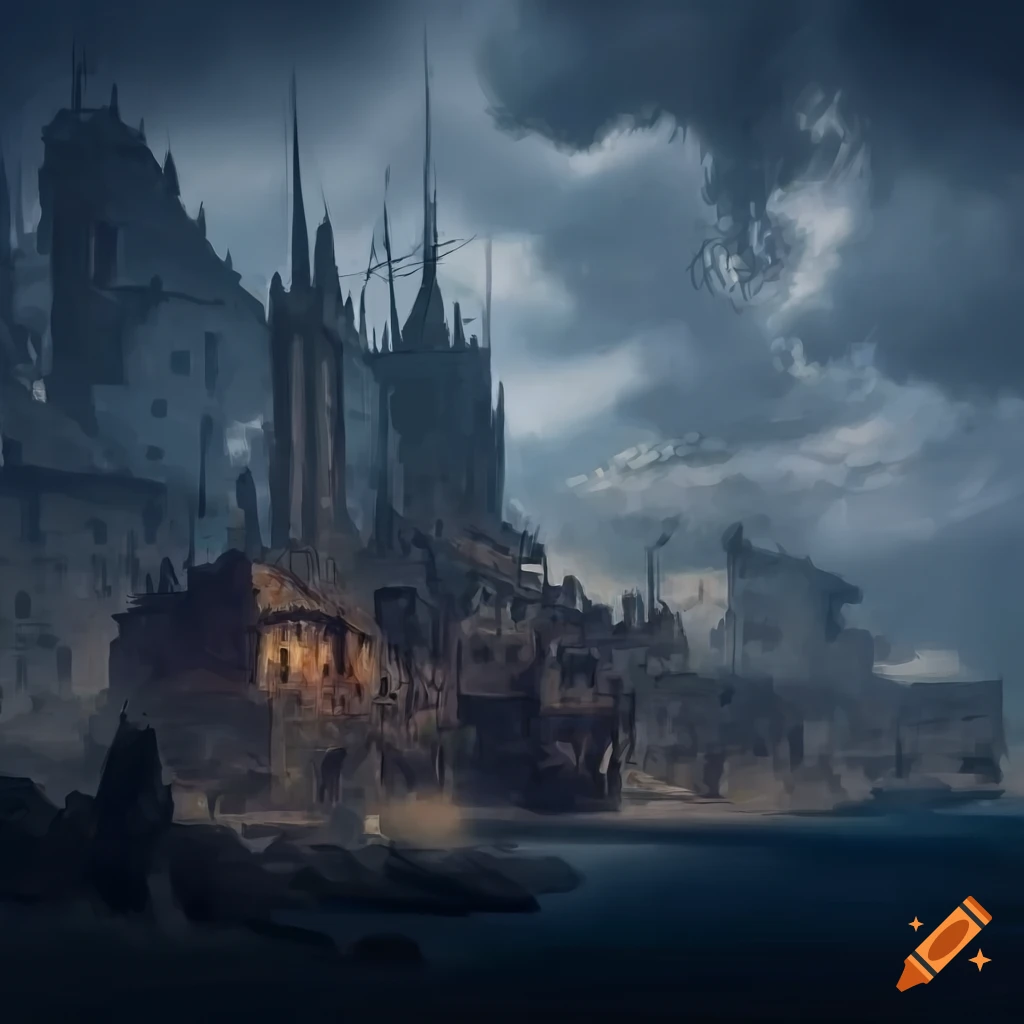 Image of a ruined port town under stormy skies on Craiyon