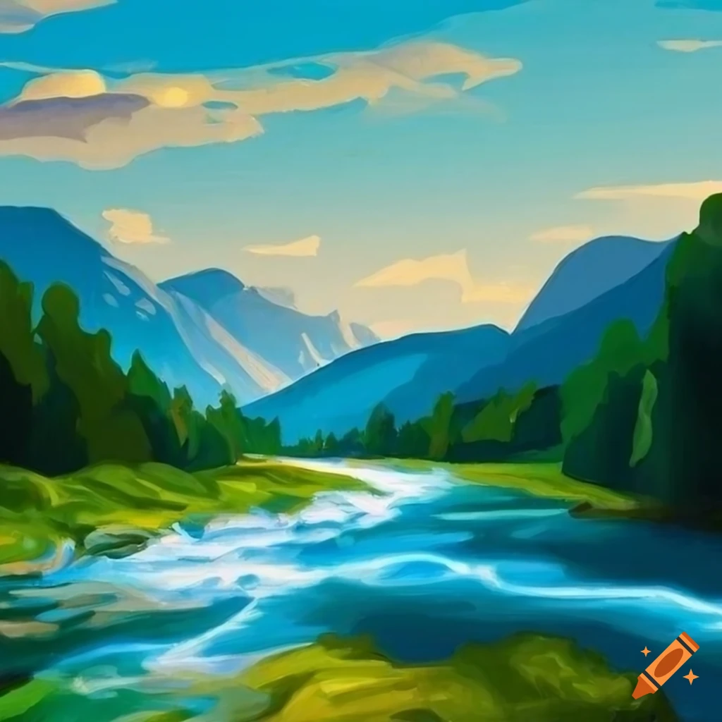 Painting of a river flowing through a valley with mountains and trees ...