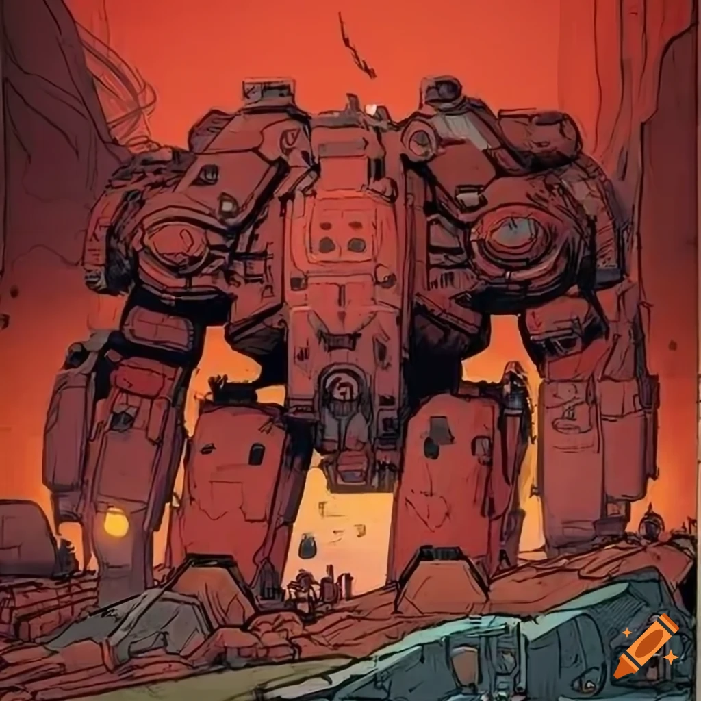 Moebius red mech art on Craiyon