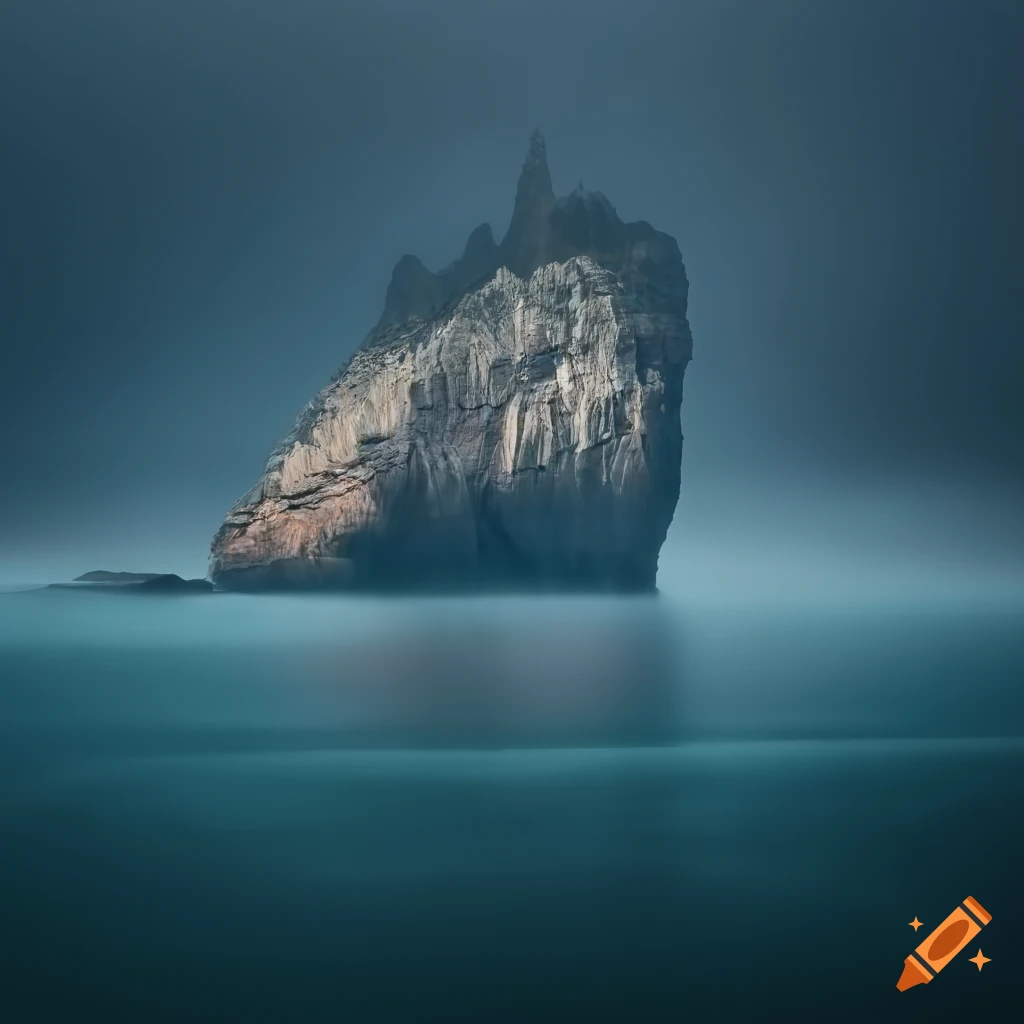 Creepy island surrounded by fog and rough seas