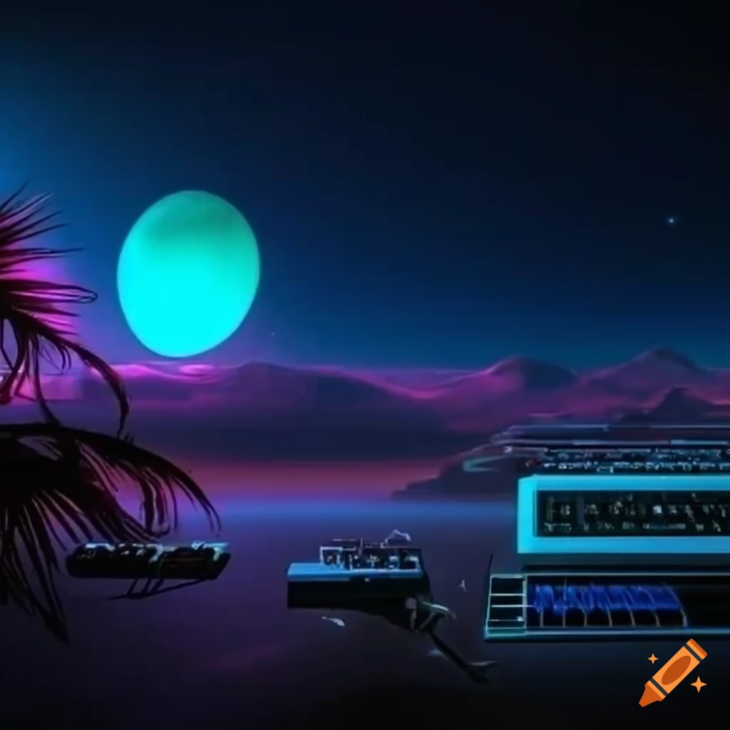 Retro space synthetizer with 80s computer and neon palms on Craiyon