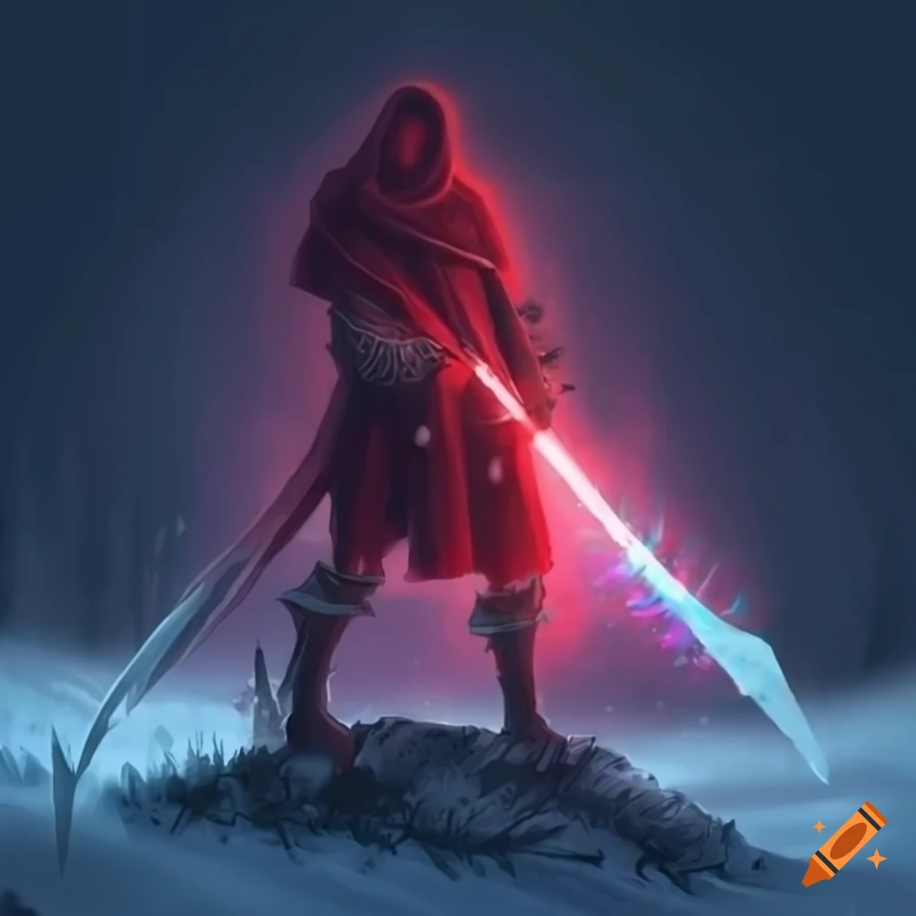 Red glowing sword under blood moon on Craiyon