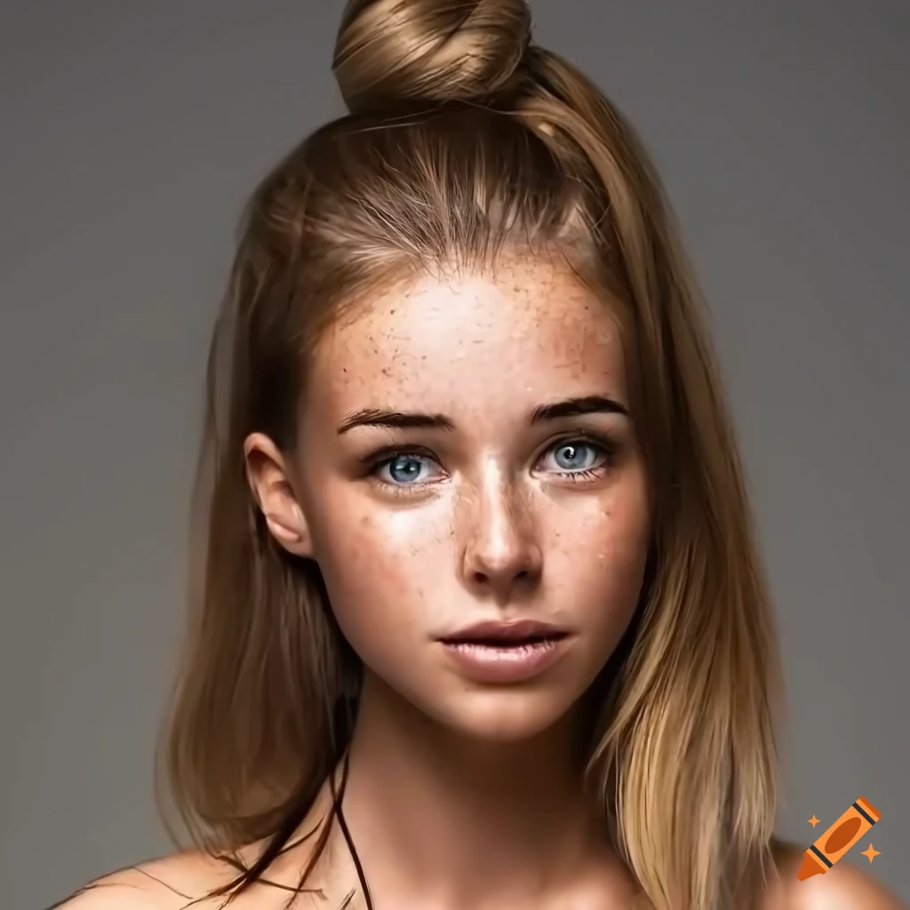 Portrait of a beautiful woman with a shy smile and freckles on Craiyon