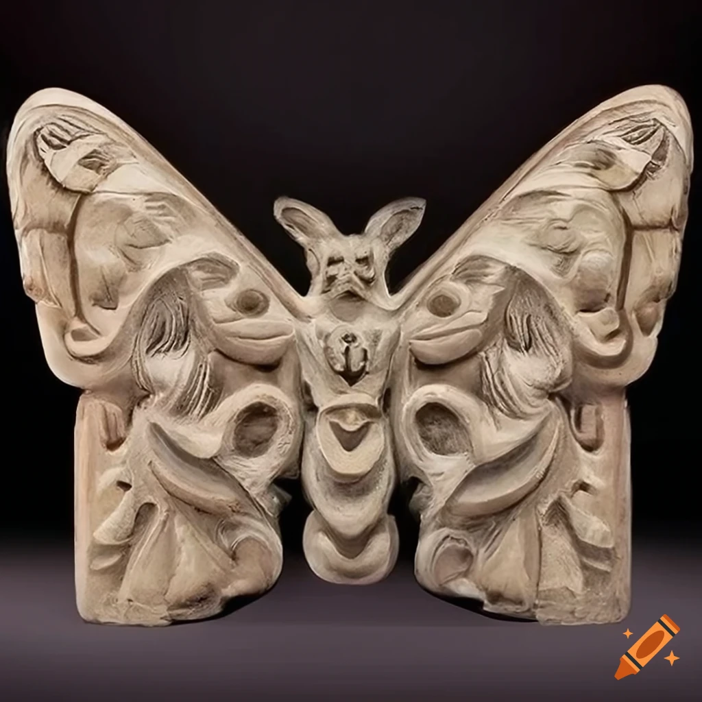 Architectural stave carving artwork with moth werewolf motif on Craiyon