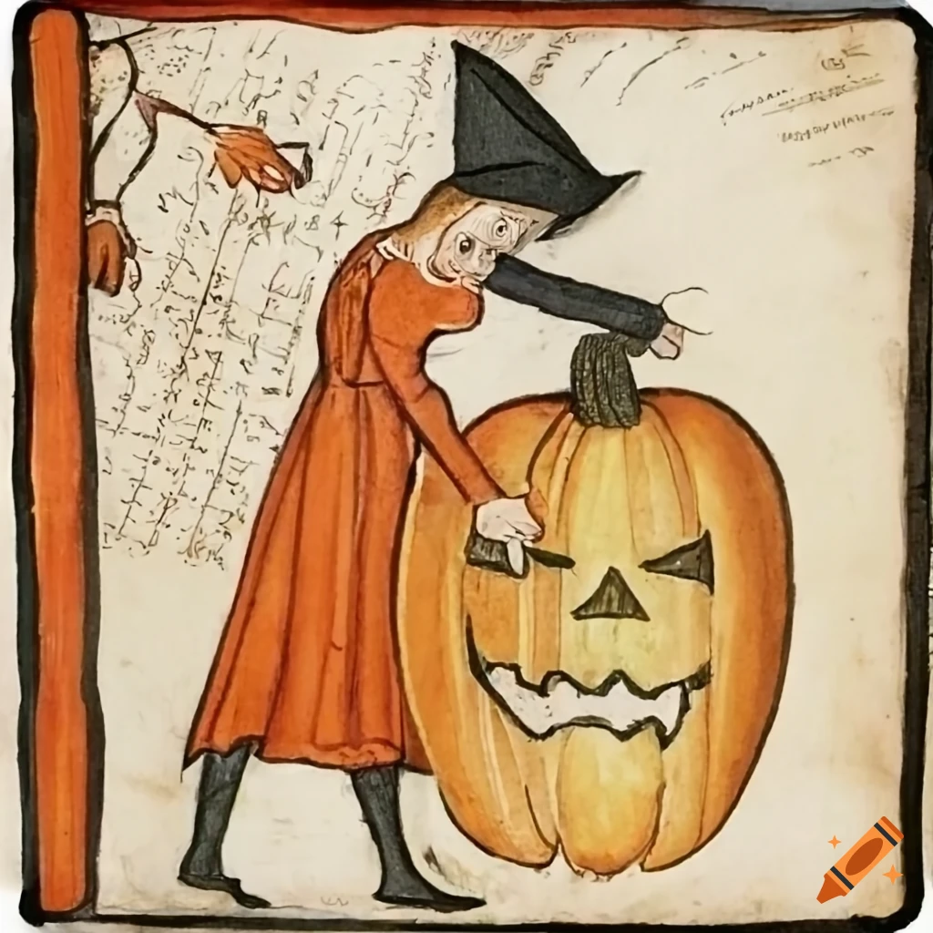 Medieval drawing of halloween costumes and jack-o-lantern