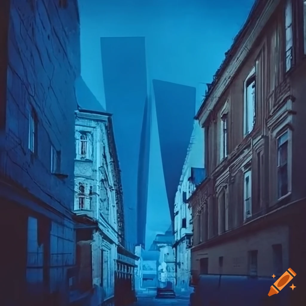 Cyanotype of a futuristic city with concrete buildings on Craiyon