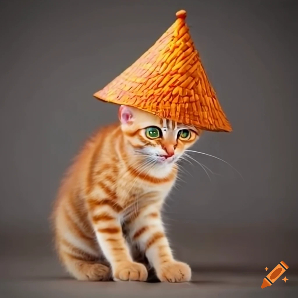 Orange tabby cat wearing a rice hat on Craiyon