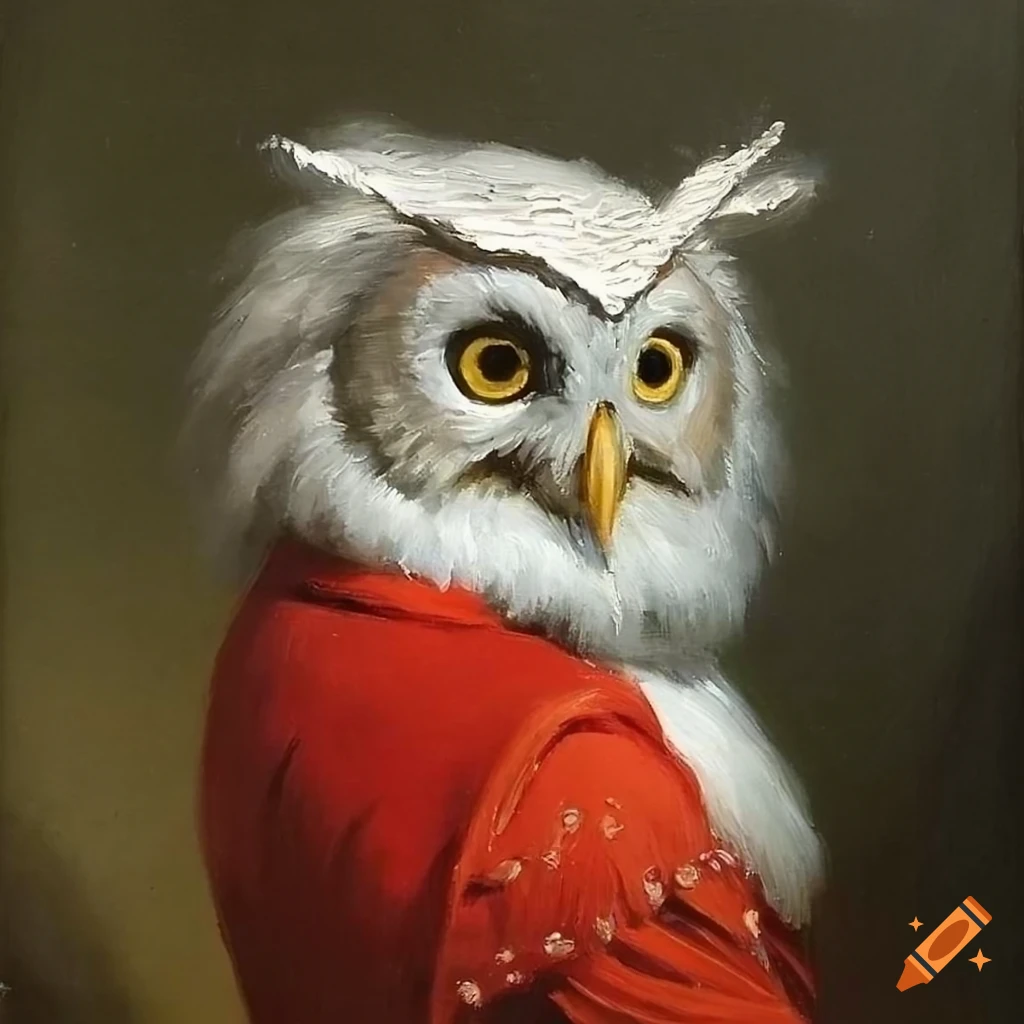 Oil painting of an owl in a fancy coat and powdered wig on Craiyon