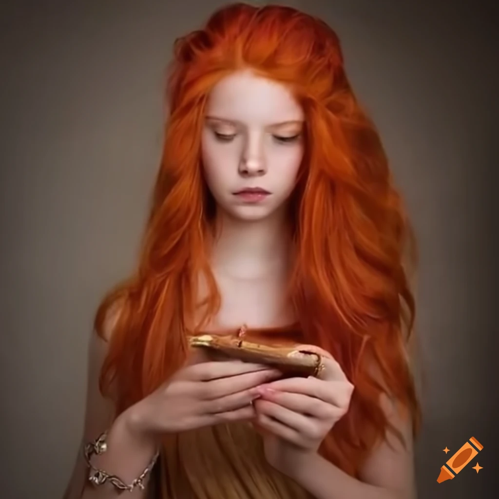 Girl with fiery red hair casting magic with ancient journal on Craiyon