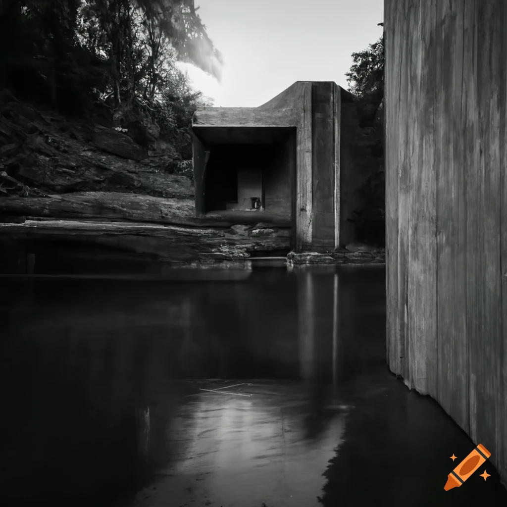 Concrete house near a waterfall on Craiyon