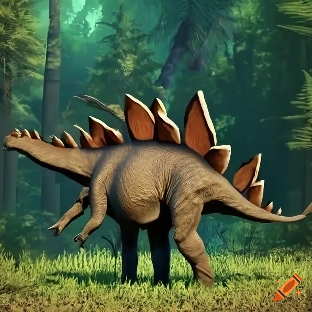 Detailed image of a cinnamon-colored stegosaurus in a forest clearing ...
