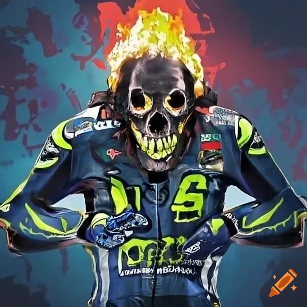 Valentino Rossi racing with Ghost Rider on Craiyon