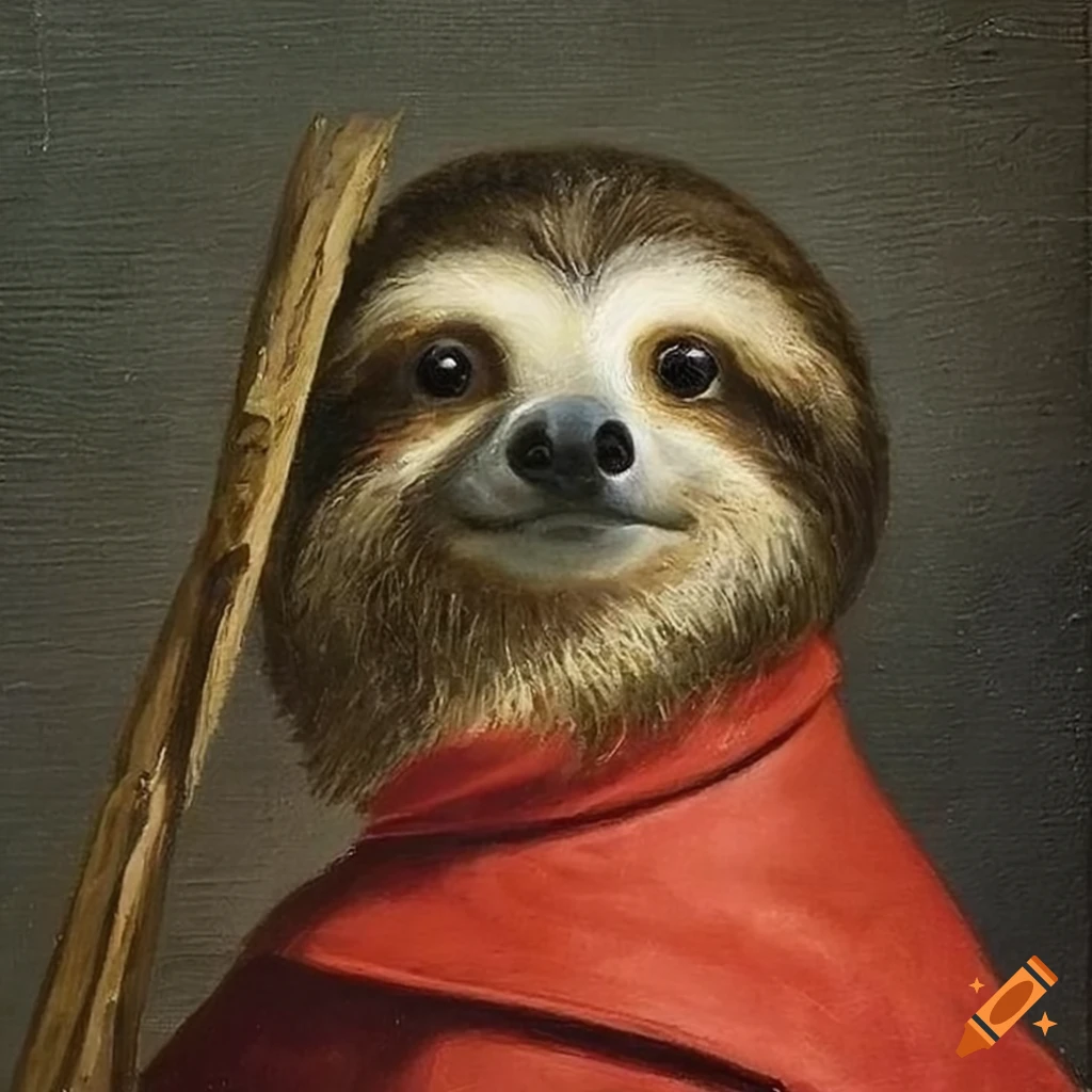 Oil painting of a sloth in a fancy red coat on Craiyon