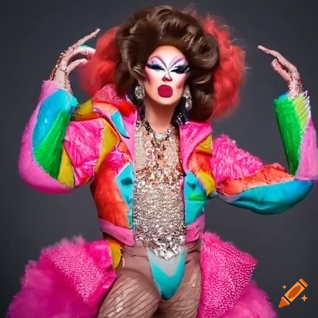 Drag queen in vibrant puff jacket-themed outfit on runway on Craiyon