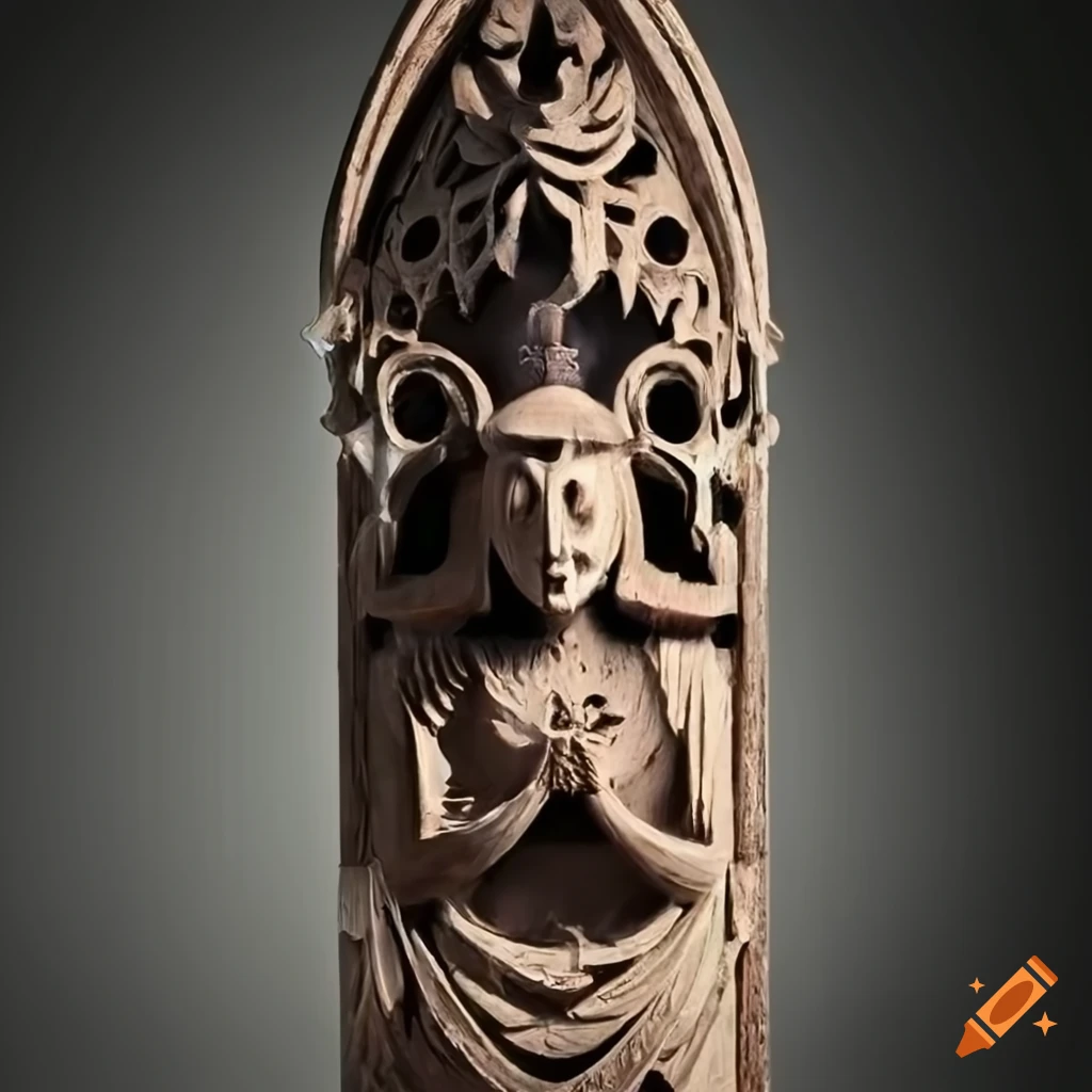 Detailed architectural carving of a shrine with moth motif on Craiyon
