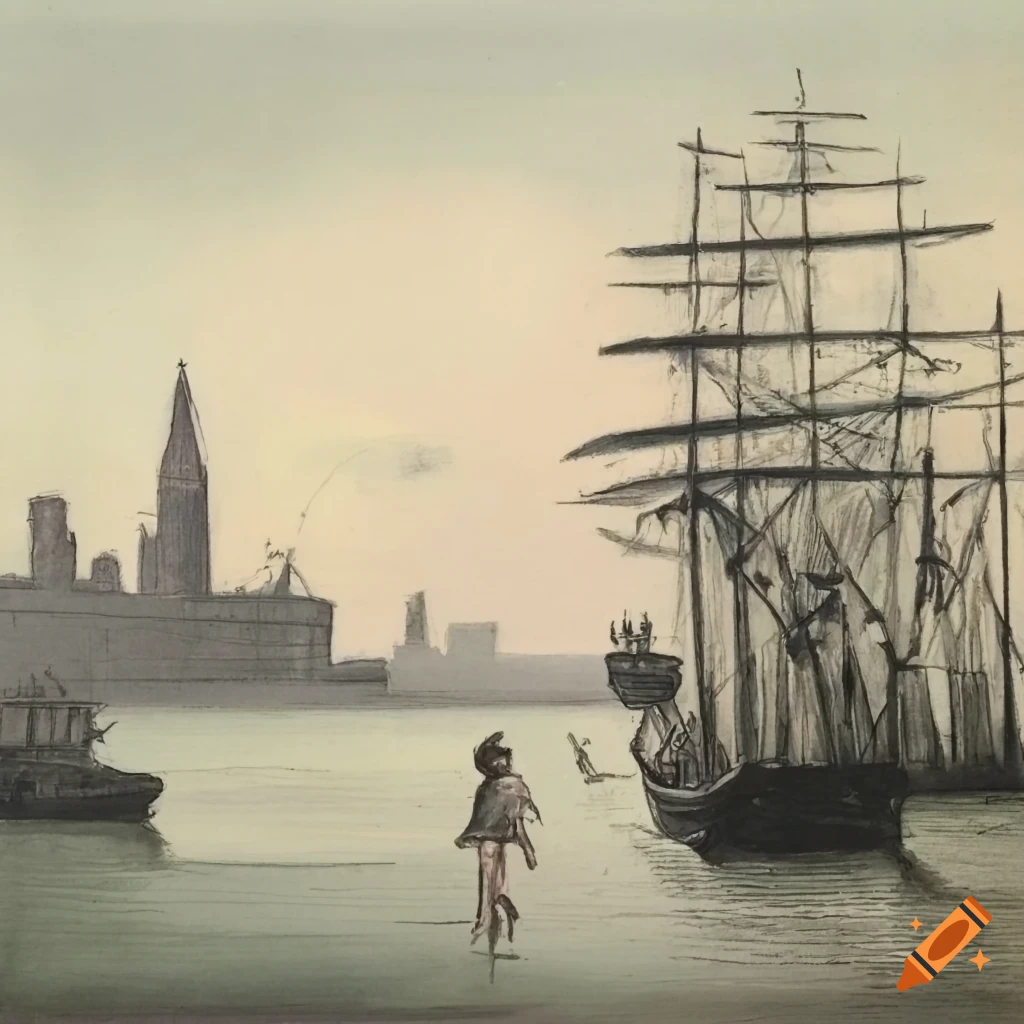 Realistic sketch of a 19th century port city on Craiyon