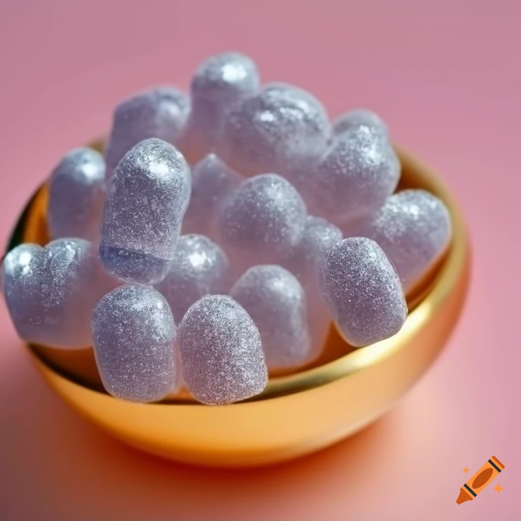 Silver colored glowing jelly tots in a golden bowl on Craiyon