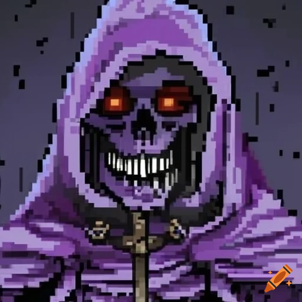 Pixel art of a scary skeleton with a sword
