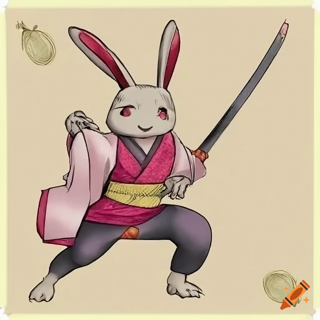 Manga-style illustration of a rabbit in a kimono with a katana on Craiyon