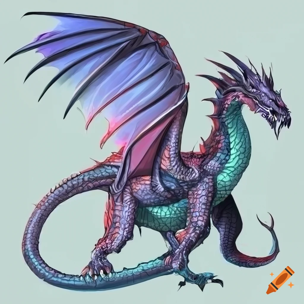 Detailed side view of a dragon with wings and four legs
