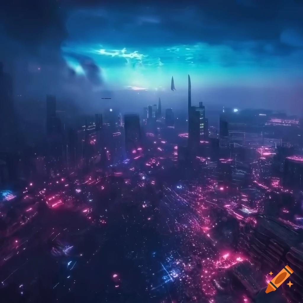 Neon-lit underwater cyberpunk city with a desert and developing ...