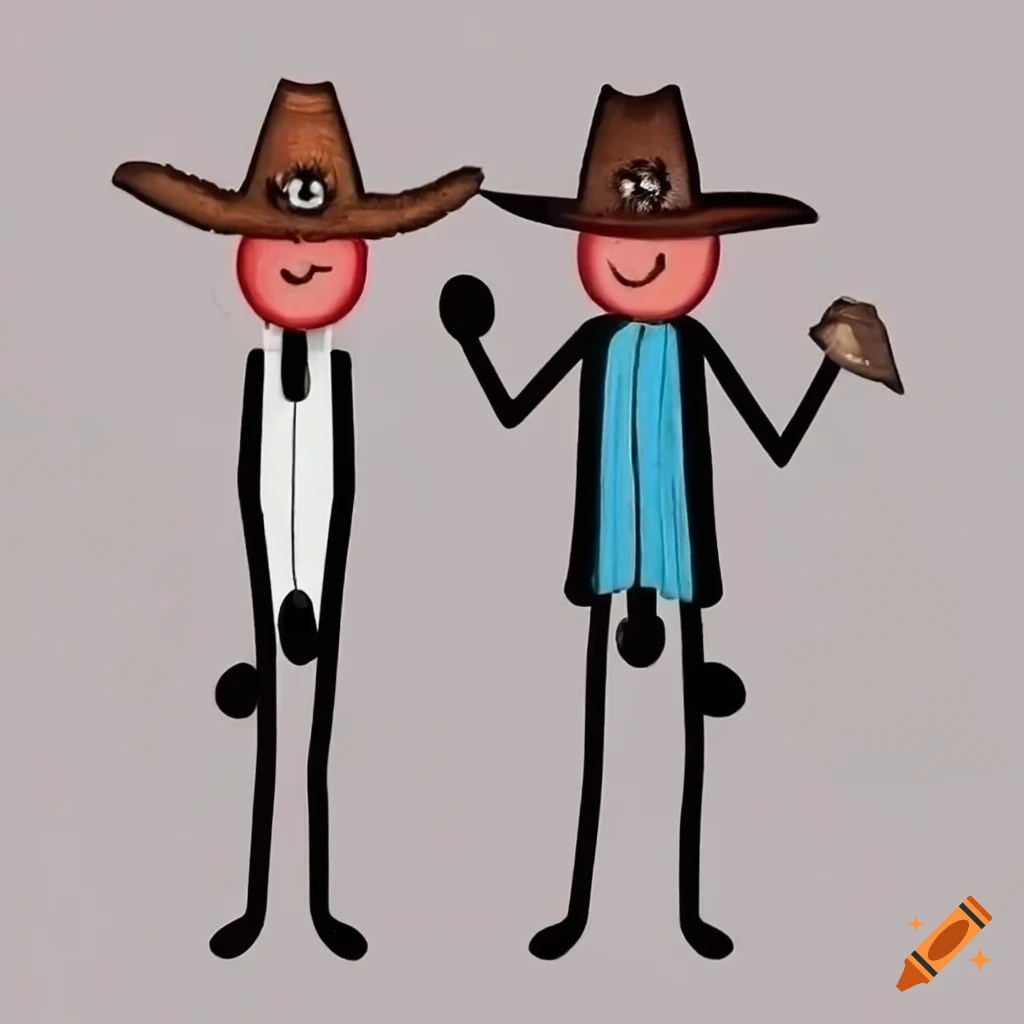 Cartoon stick figures wearing cowboy hats on Craiyon