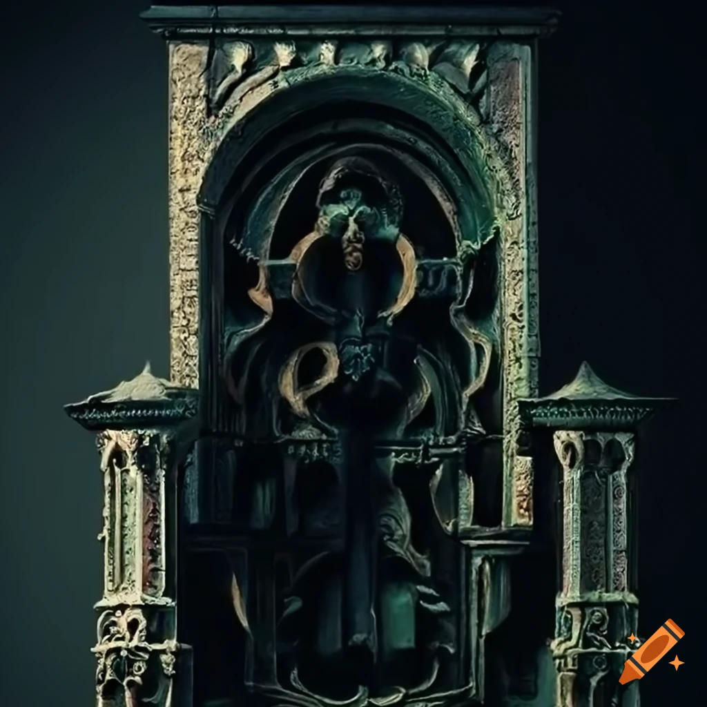 Detailed architectural carving of a shrine with moth motif