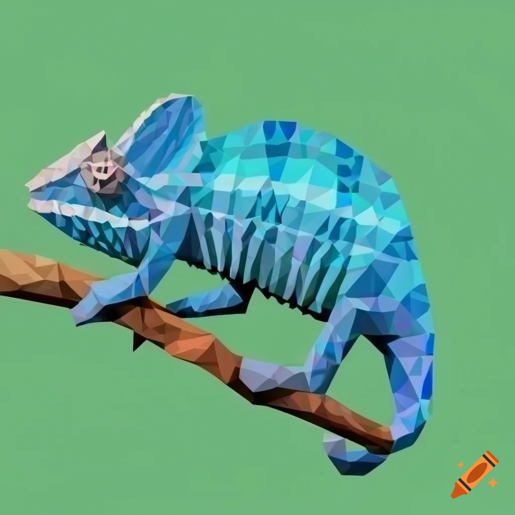 Vibrant blue low-poly chameleon on a branch on Craiyon