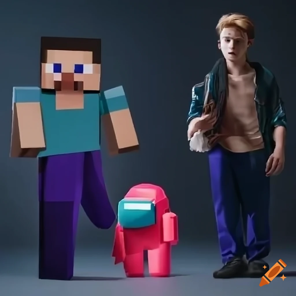 Image of among us character, minecraft steve and fortnite playing games ...