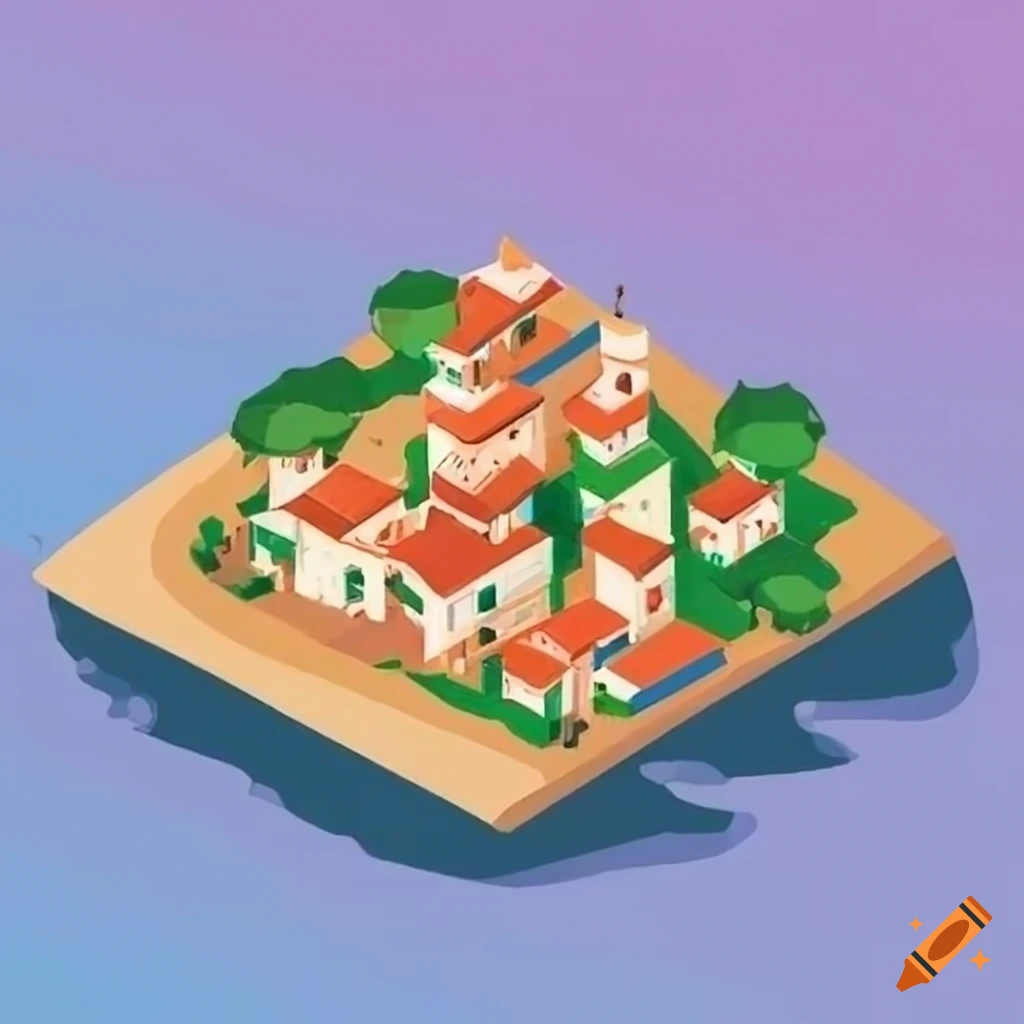 Isometric painting of a coastal town with beach on Craiyon