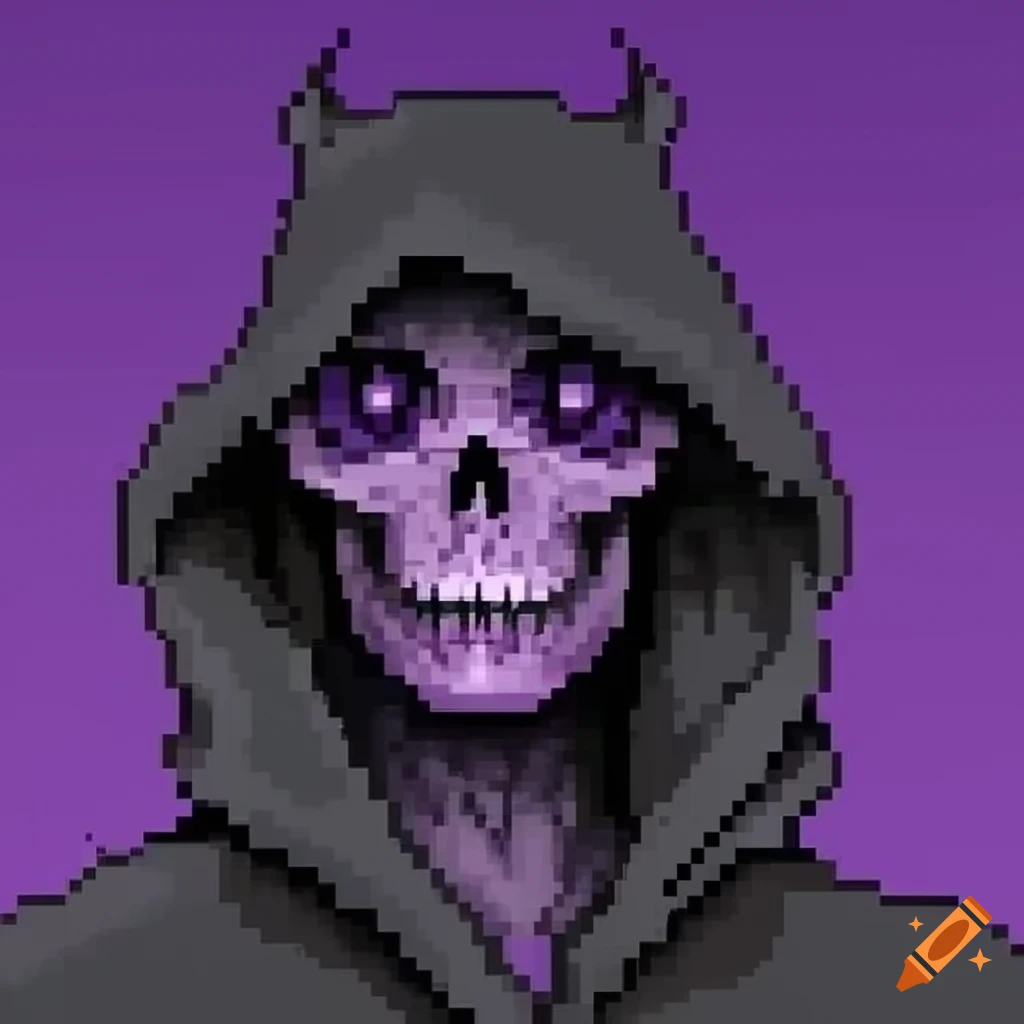 Pixel art of a scary skeleton with horns