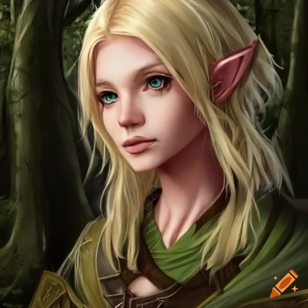 Medieval elf in the forest with wavy bob blonde hair on Craiyon